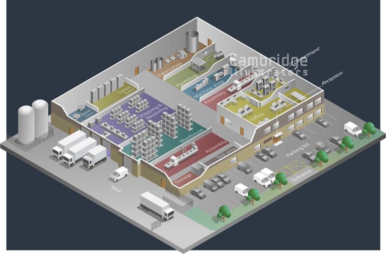 Isometric illustrations of office and manufacturing facilities ...